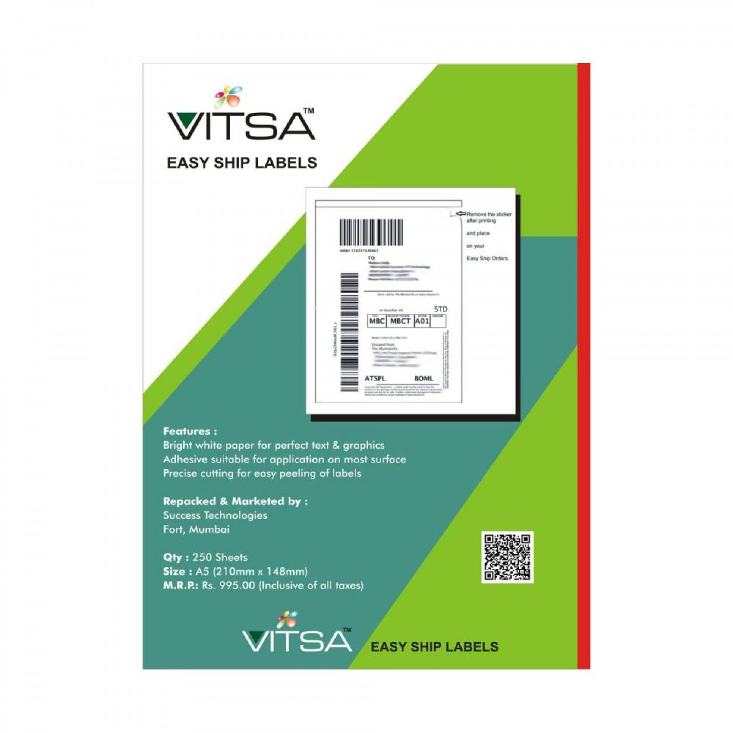 Vitsa Easy Ship Label Sticky Labels - Pack of 250 Sheets (A6 Size)